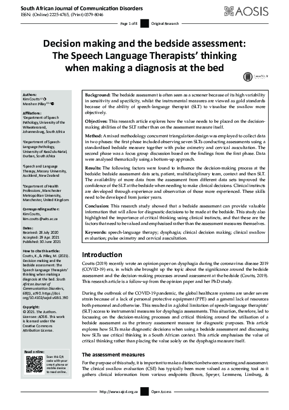(PDF) Decision making and the bedside assessment: The Speech Language ...