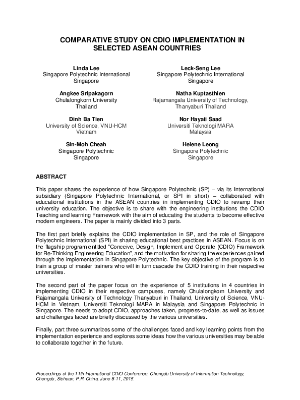 (PDF) Comparative Study on Cdio Implementation in Selected Asean ...
