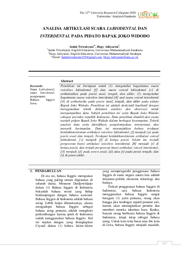 (PDF) Analisa Artikulasi Suara Labiodental dan Interdental pada Pidato Bapak Joko Widodo