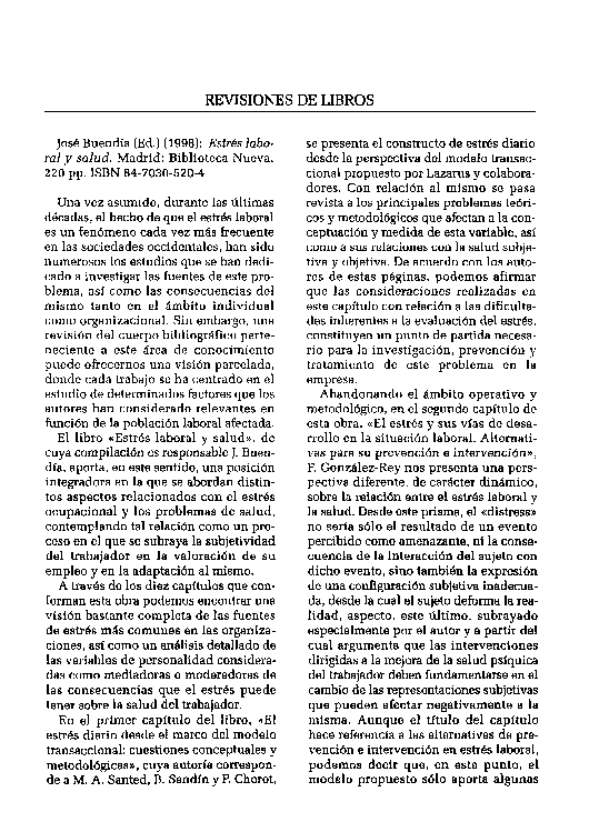 (PDF) RESEÑA de: Buendía Vidal, José. Estrés laboral y salud. Madrid ...