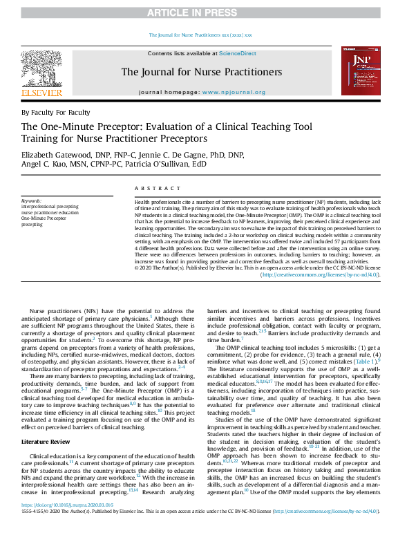 (PDF) The One-Minute Preceptor: Evaluation of a Clinical Teaching Tool Training for Nurse ...