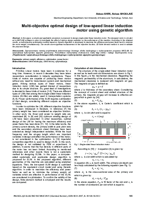 Pdf Multi Objective Optimal Design Of Low Speed Linear Induction Motor Using Genetic Algorithm