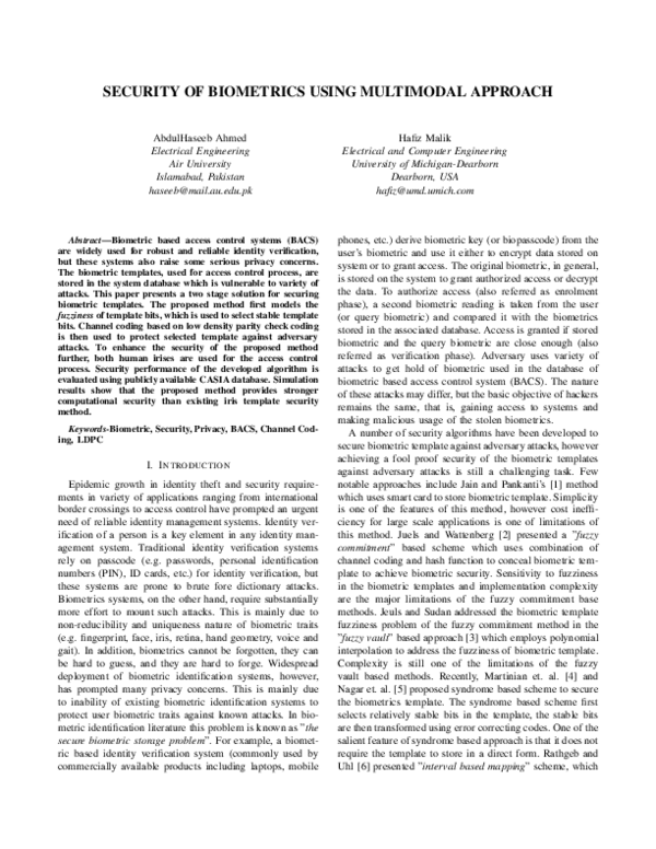 (PDF) Security of Biometrics Using Multimodal Approach
