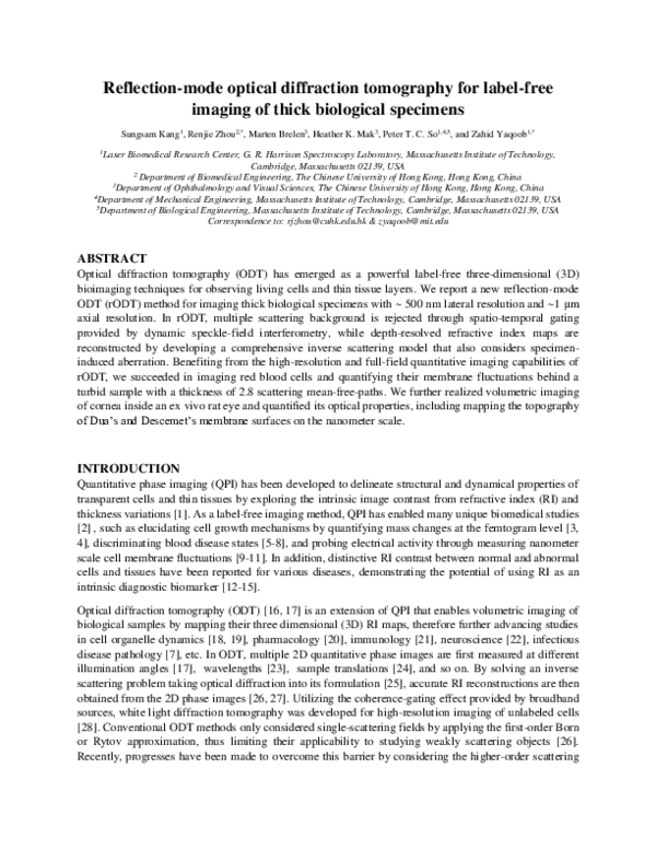 (PDF) Reflection-mode optical diffraction tomography for label-free ...