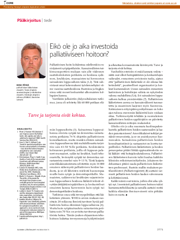 (PDF) Eikö ole jo aika investoida palliatiiviseen hoitoon