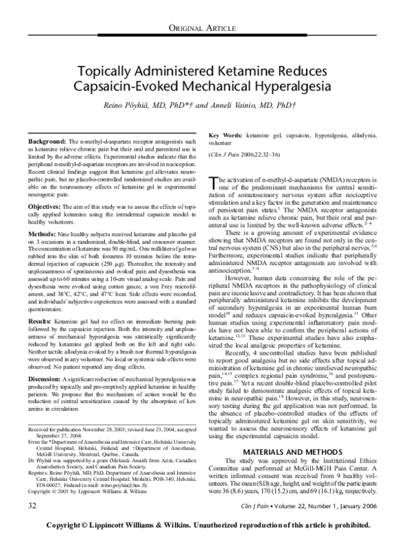 (PDF) Topically Administered Ketamine Reduces Capsaicin-Evoked ...