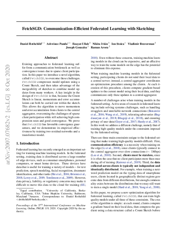 (PDF) FetchSGD: Communication-Efficient Federated Learning with Sketching