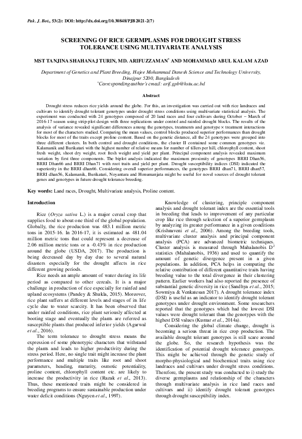 (PDF) SCREENING OF RICE GERMPLASMS FOR DROUGHT STRESS TOLERANCE USING MULTIVARIATE ANALYSIS