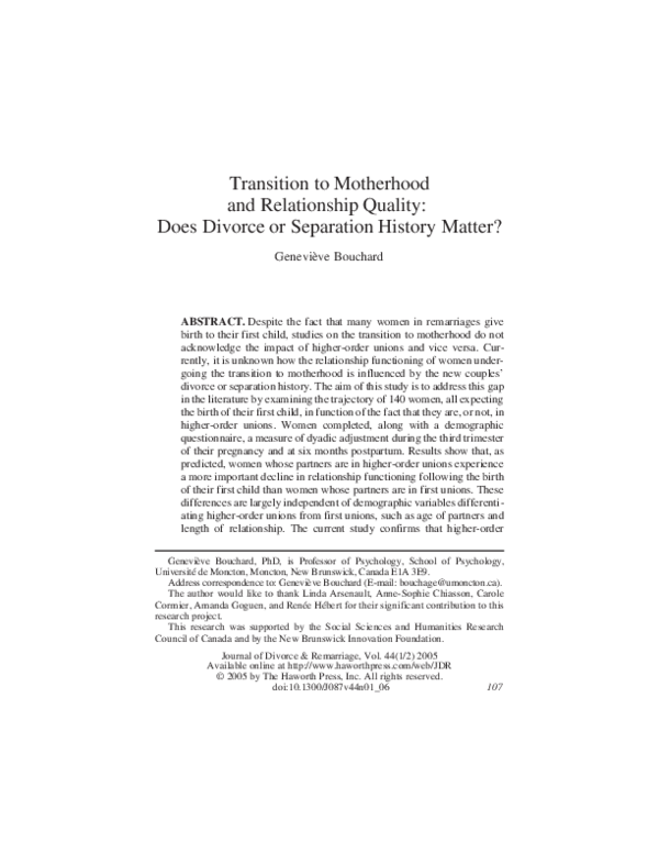 (PDF) Transition to Motherhood and Relationship Quality