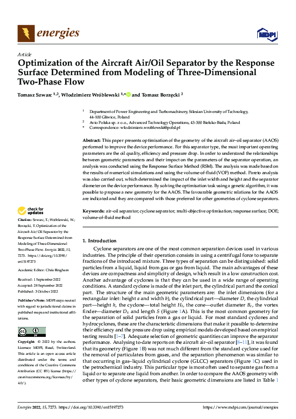 (PDF) Optimization of the Aircraft Air/Oil Separator by the Response Surface Determined from ...