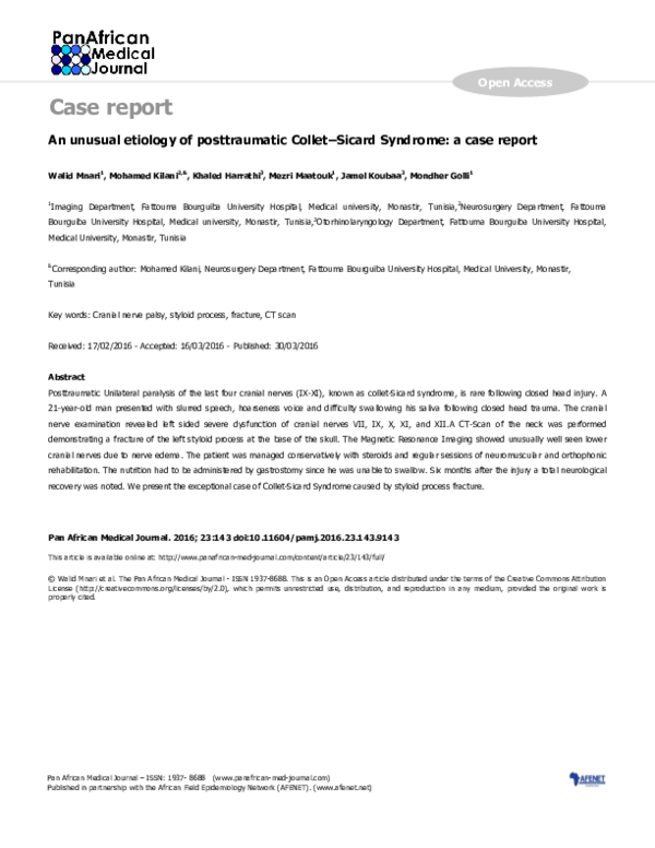 (PDF) An unusual etiology of posttraumatic Collet–Sicard Syndrome: a ...