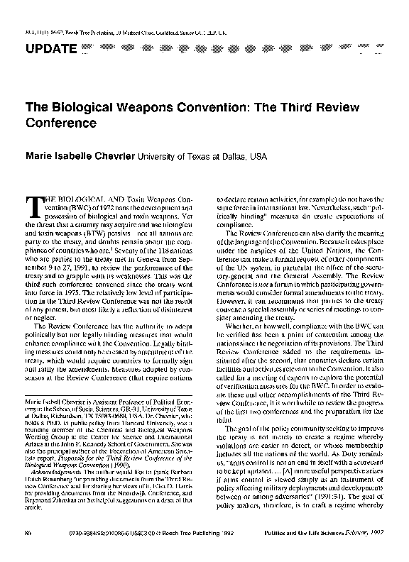 (PDF) The Biological Weapons Convention: The Third Review Conference
