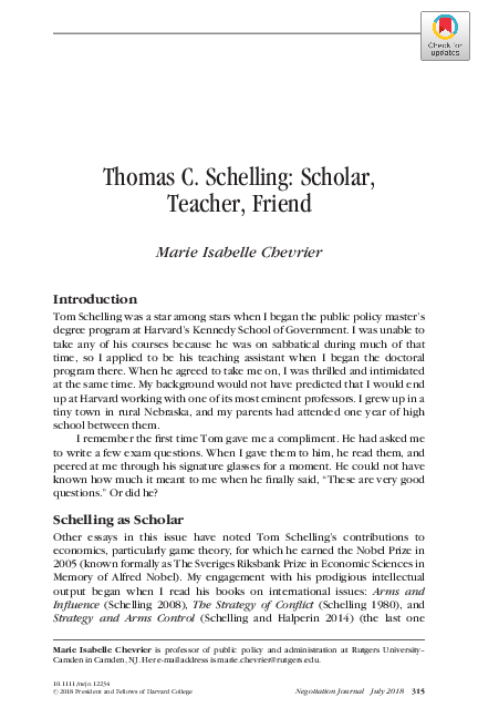 (PDF) Thomas C. Schelling: Scholar, Teacher, Friend