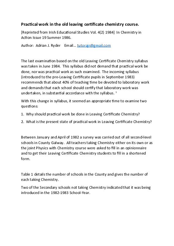 (DOC) Practical work in the leaving certificate chemistry course
