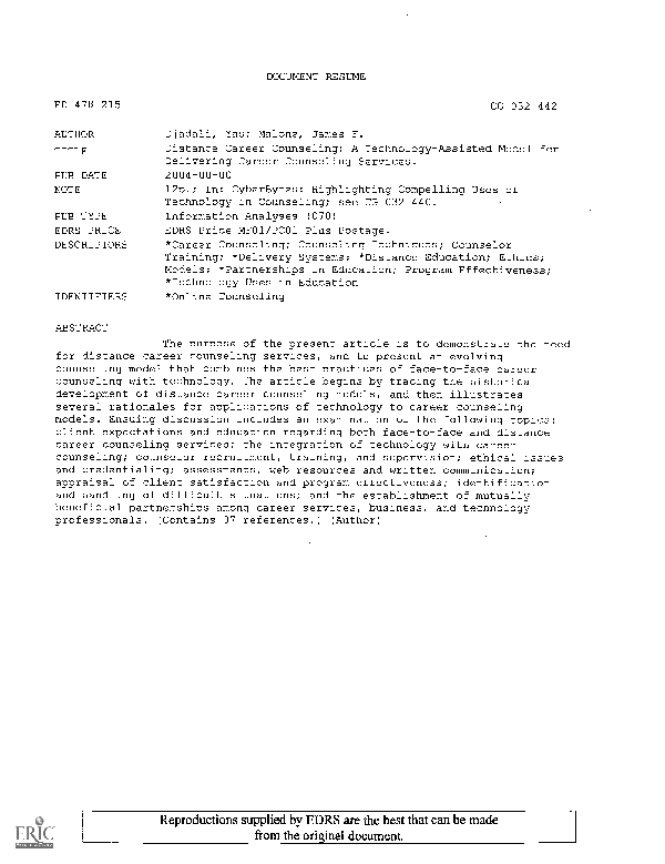 (PDF) Distance Career Counseling: A Technology-Assisted Model for ...