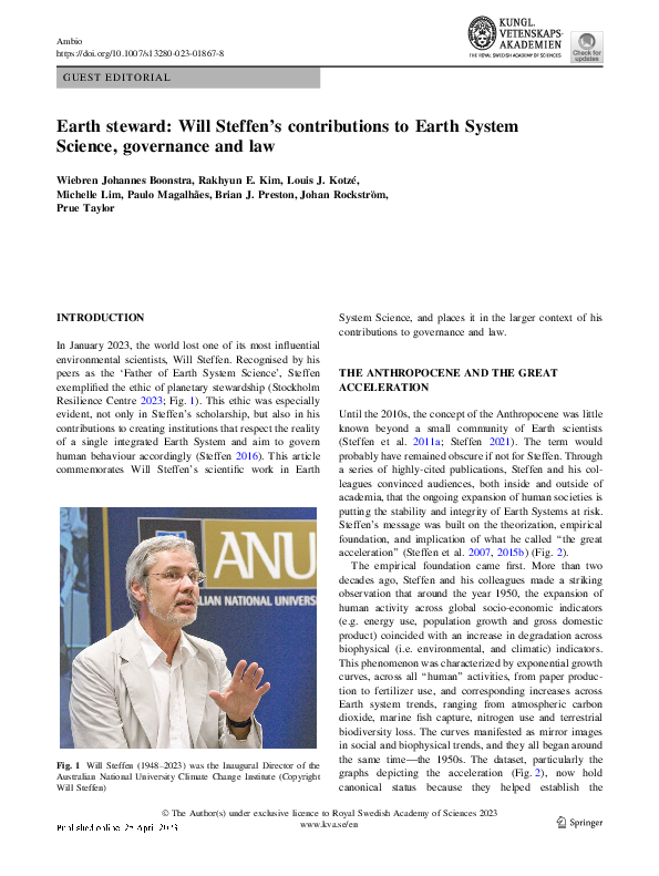 (PDF) Earth steward: Will Steffen's contributions to Earth System ...
