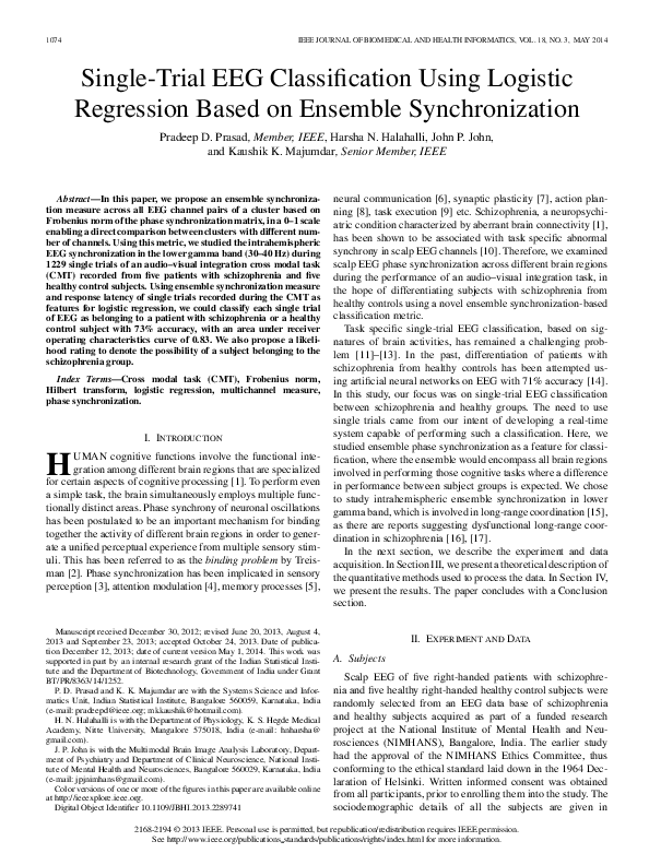 Pdf Single Trial Eeg Classification Using Logistic Regression Based