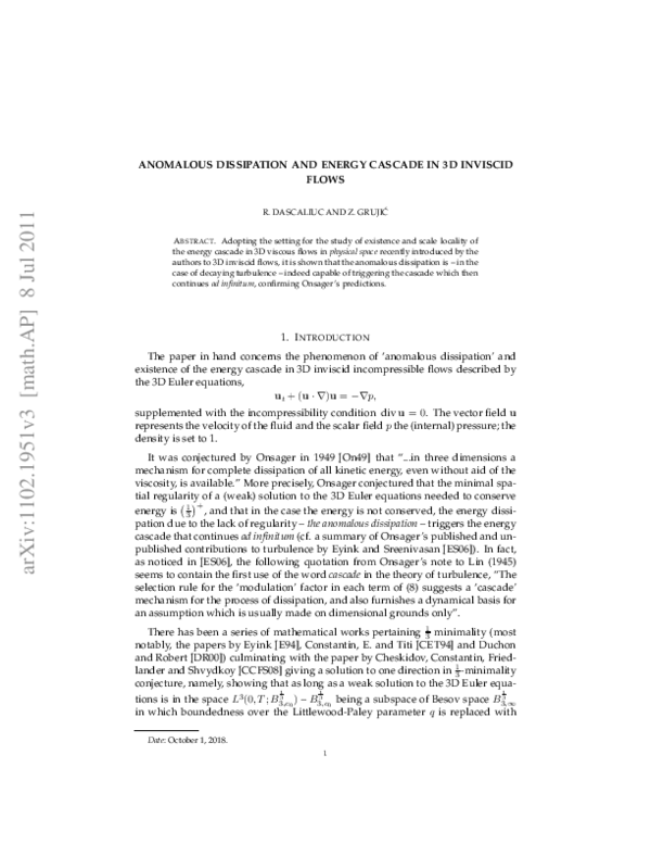 (PDF) Anomalous Dissipation and Energy Cascade in 3D Inviscid Flows