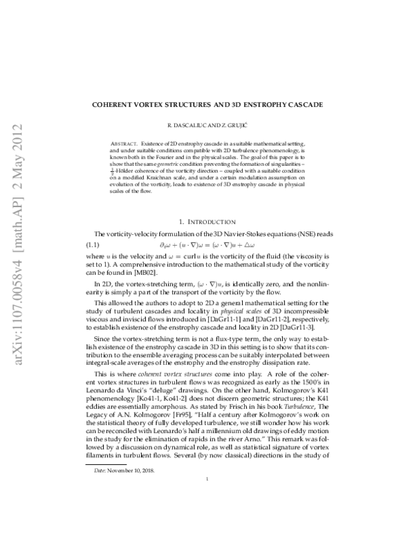 (PDF) Coherent Vortex Structures and 3D Enstrophy Cascade