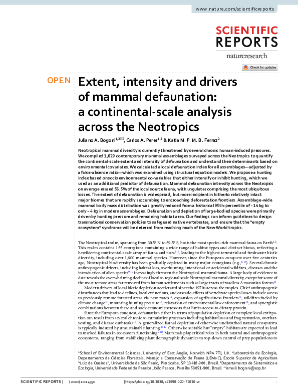 (PDF) Extent, intensity and drivers of mammal defaunation: a ...