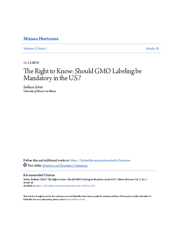 (PDF) The Right to Know: Should GMO Labeling be Mandatory in the U.S.?