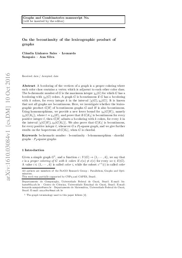 (PDF) On the b-Continuity of the Lexicographic Product of Graphs