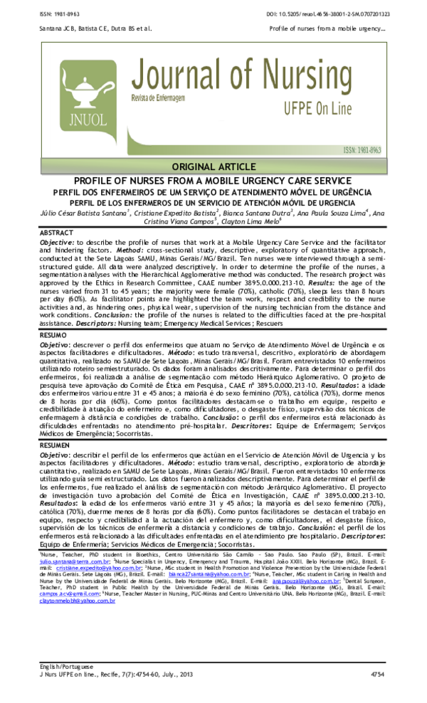 (PDF) Profile of nurses from a mobile urgency care service
