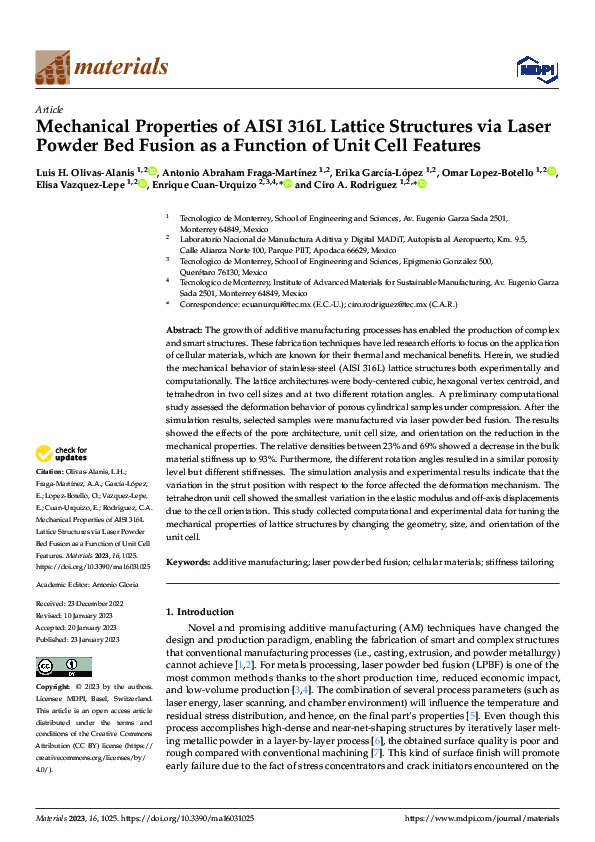 (PDF) Mechanical Properties of AISI 316L Lattice Structures via Laser Powder Bed Fusion as a ...