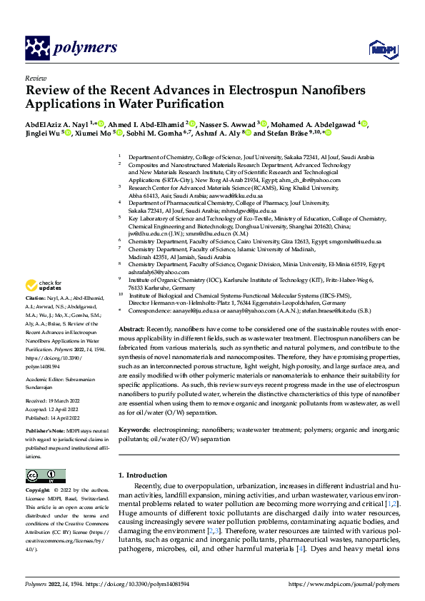 (PDF) Review of the Recent Advances in Electrospun Nanofibers Applications in Water Purification