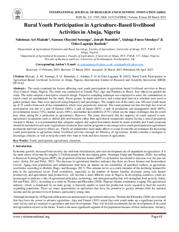 (PDF) Rural Youth Participation in Agriculture-Based livelihood ...