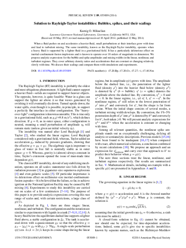 (PDF) Solution to Rayleigh-Taylor instabilities: Bubbles, spikes, and ...