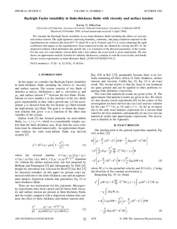 (PDF) Rayleigh-Taylor instability in finite-thickness fluids with viscosity and surface tension
