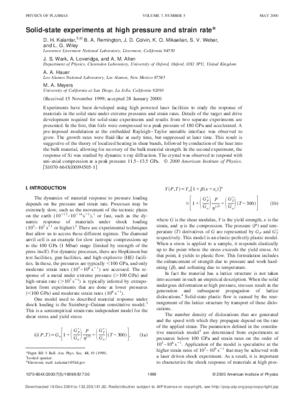 (PDF) Solid-state experiments at high pressure and strain rate