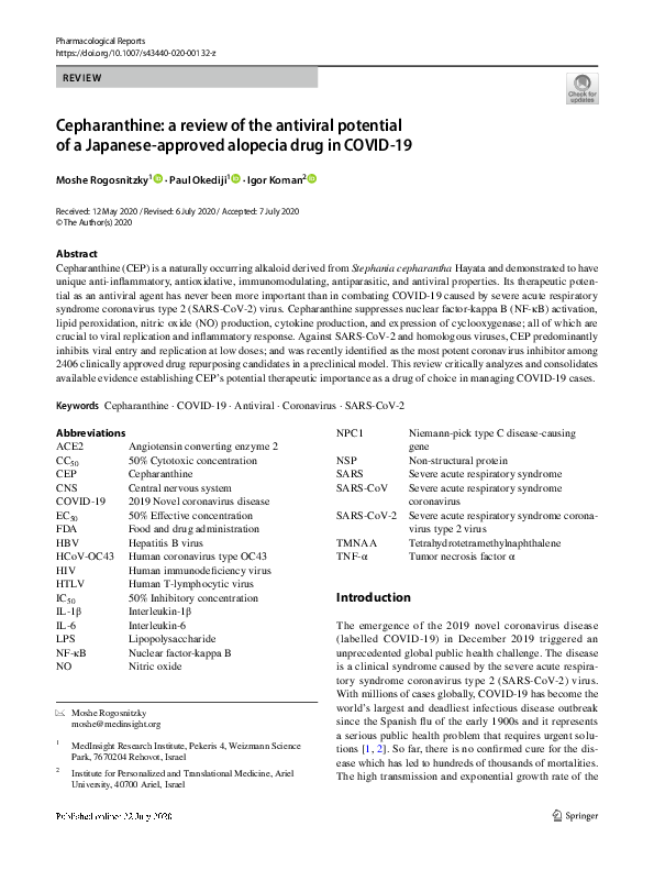 (PDF) Cepharanthine: a review of the antiviral potential of a Japanese-approved alopecia drug in ...