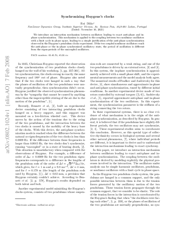 (PDF) Synchronizing Huygens's clocks