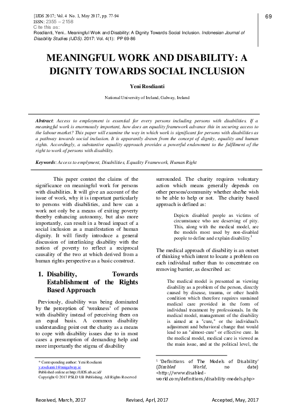 (PDF) Meaningful Work and Disability: A Dignity Towards Social Inclusion