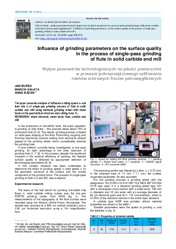 (PDF) Influence of grinding parameters, on the surface quality in the ...