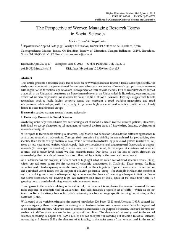 (PDF) The Perspective of Women Managing Research Teams in Social Sciences