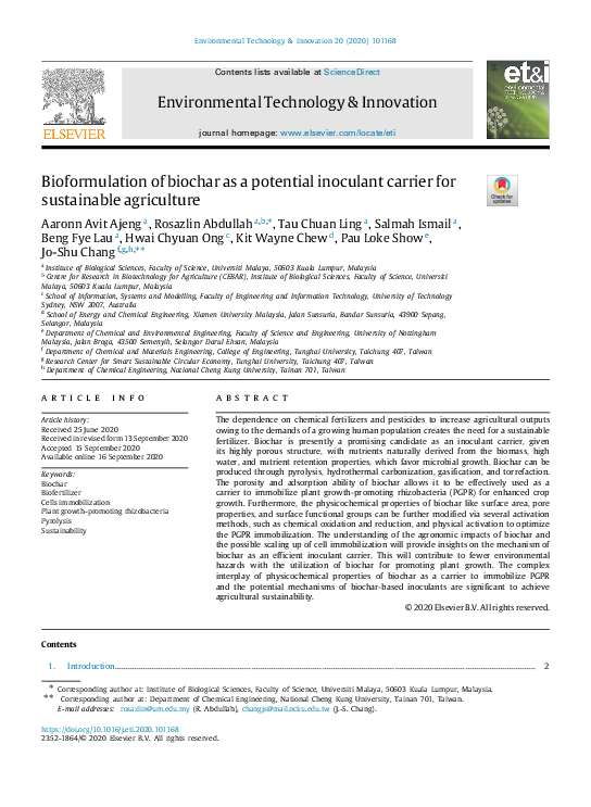 (PDF) Bioformulation of biochar as a potential inoculant carrier for sustainable agriculture