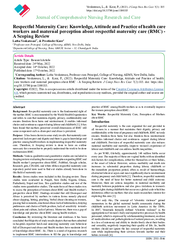 (PDF) Respectful Maternity Care: Knowledge, Attitude and Practice of health care workers and ...