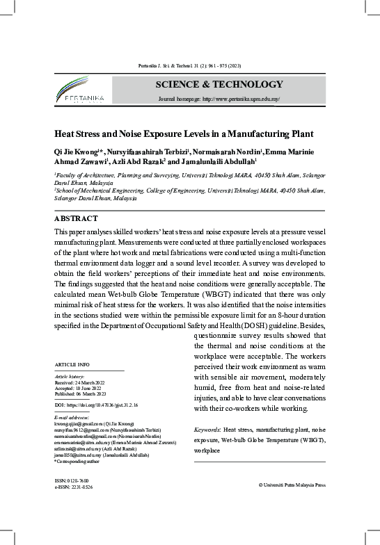 (PDF) Heat Stress and Noise Exposure Levels in a Manufacturing Plant