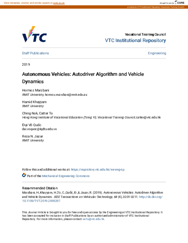 (PDF) Autonomous Vehicles: Autodriver Algorithm and Vehicle Dynamics