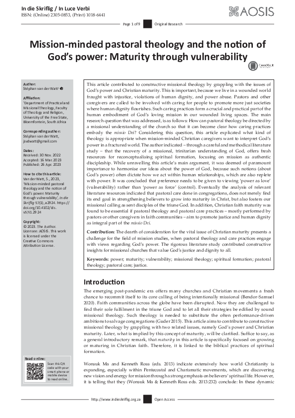(PDF) Mission-minded pastoral theology and the notion of God’s power: Maturity through vulnerability