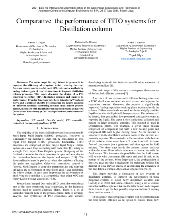 (PDF) Comparative the performance of TITO systems for Distillation column