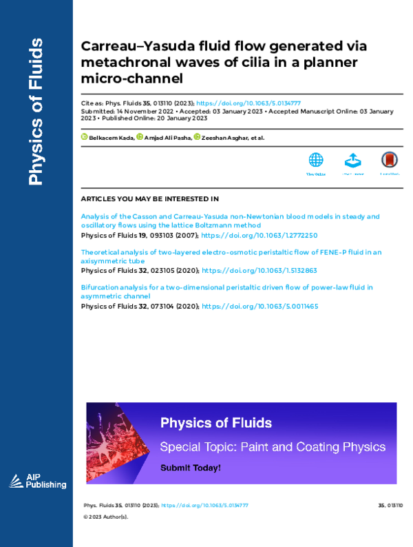 (PDF) Carreau–Yasuda fluid flow generated via metachronal waves of cilia in a micro-channel