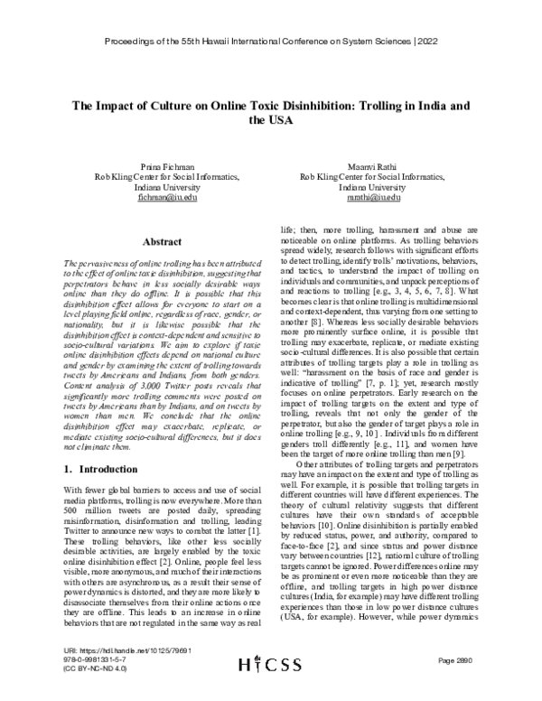 (PDF) The Impact of Culture on Online Toxic Disinhibition: Trolling in ...