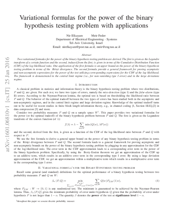 (PDF) Variational formulas for the power of the binary hypothesis ...