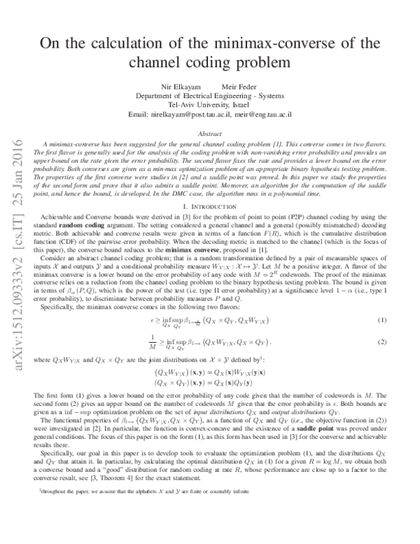 (PDF) On the calculation of the minimax-converse of the channel coding problem