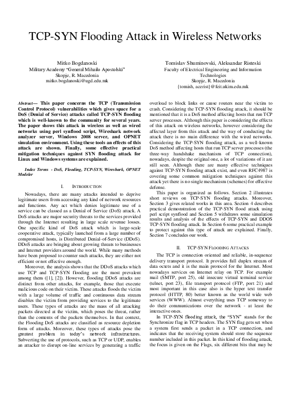 (PDF) TCP SYN Flooding Attack in Wireless Networks
