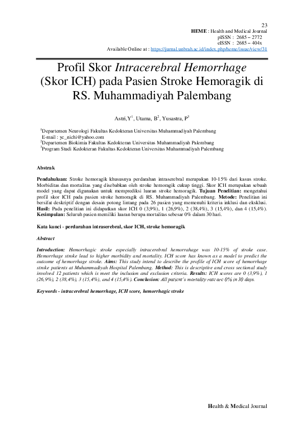 (PDF) Profil Skor Intracerebral Hemorrhage (Skor ICH) pada Pasien Stroke Hemoragik di RS ...